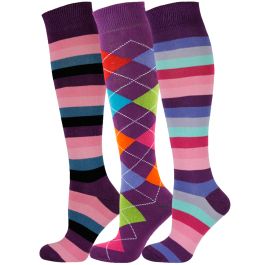 Pink Combination Multi Design 3 Pairs Combed Cotton Knee High Socks
